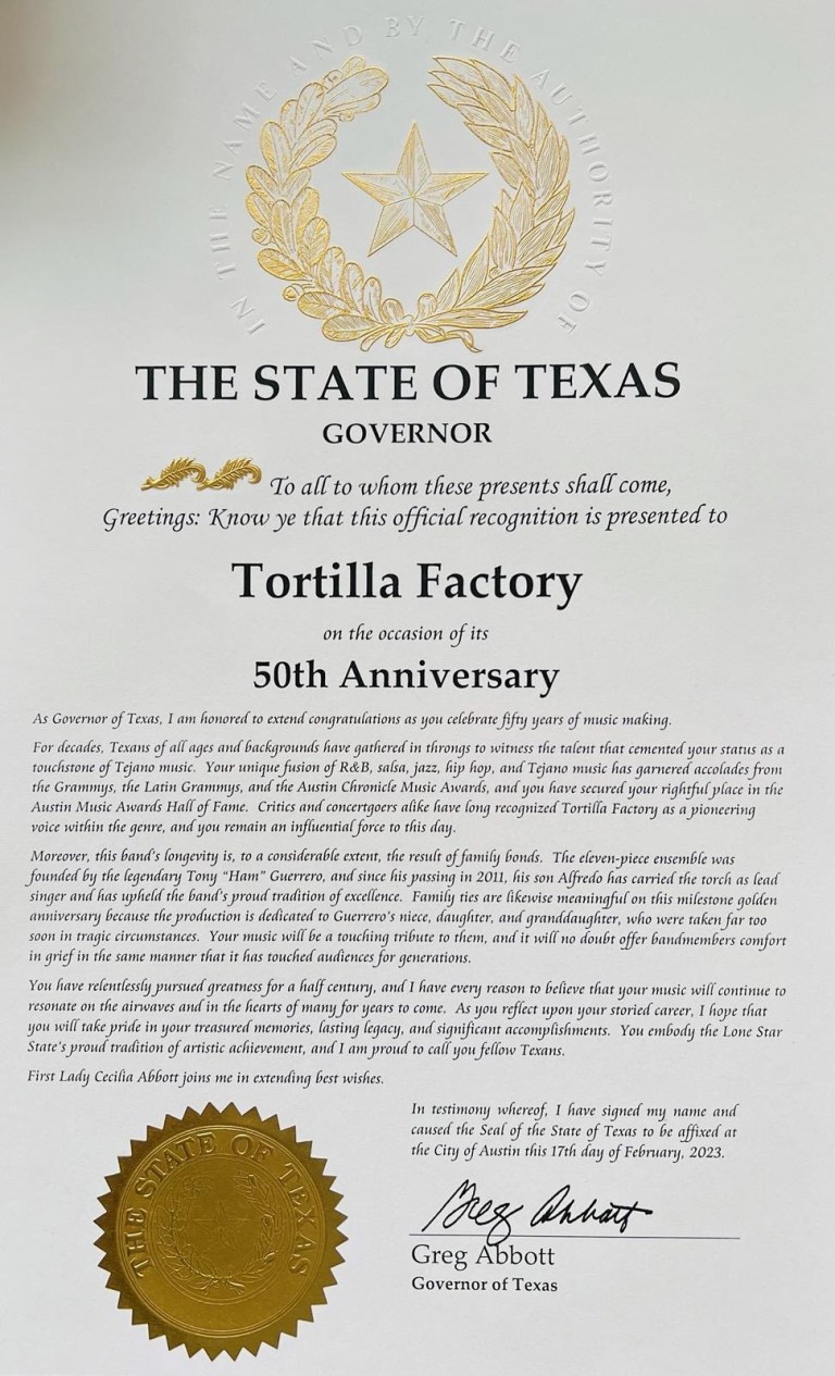 Tortilla Factory recognized for 50 years of music with Texas state ...