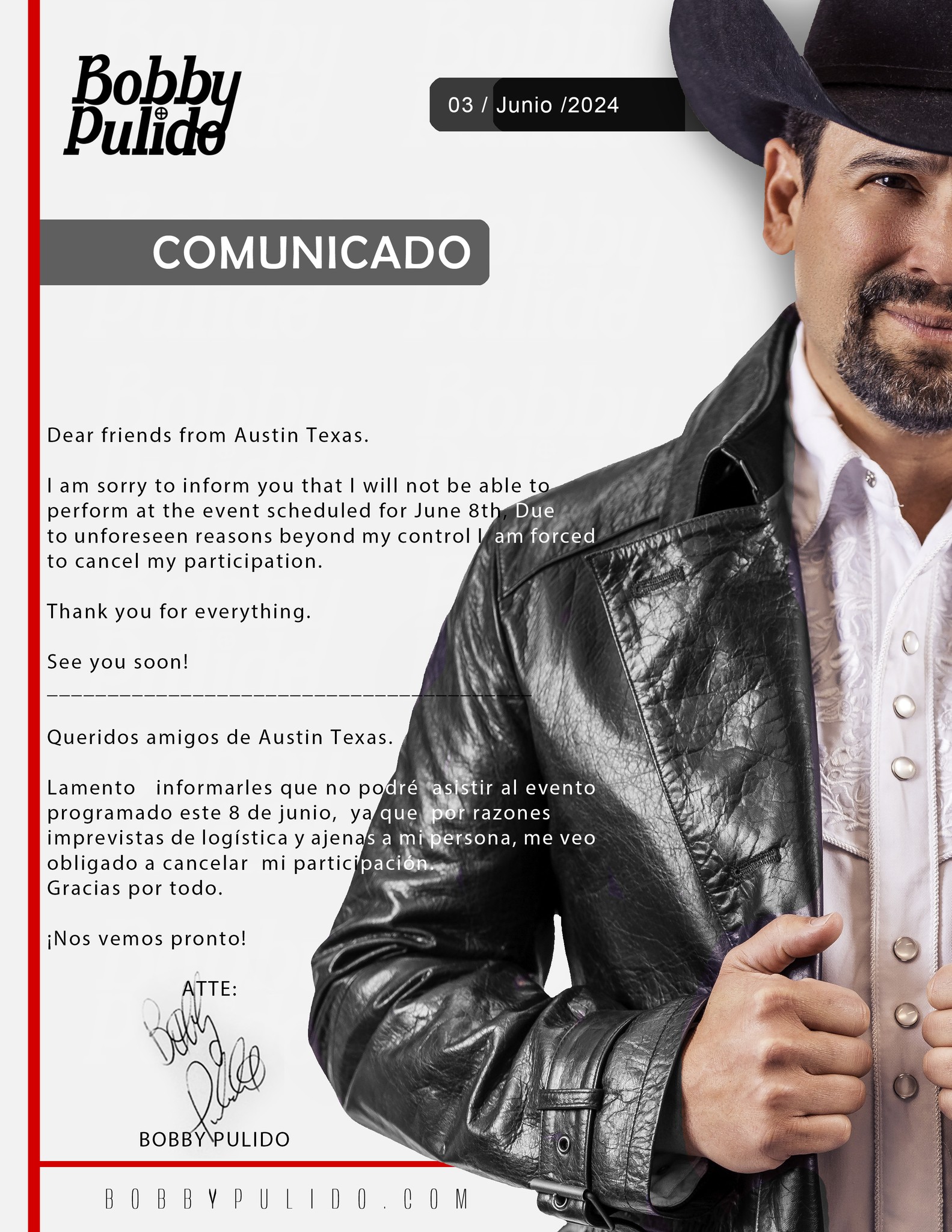 Bobby Pulido Cancels Austin Performance on June 8 Due to ‘Unforeseen ...