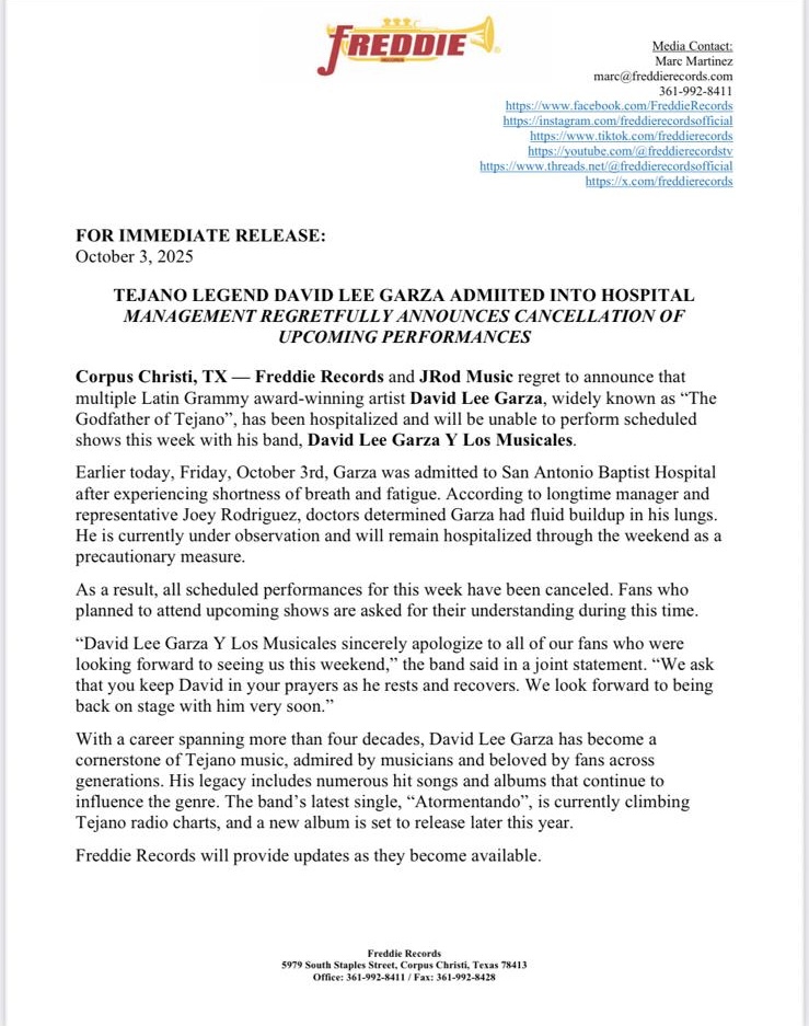 Tejano Legend David Lee Garza Hospitalized, Upcoming Performances ...
